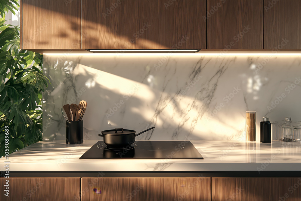 Modern kitchen interior with black pot on induction stove, marble ...