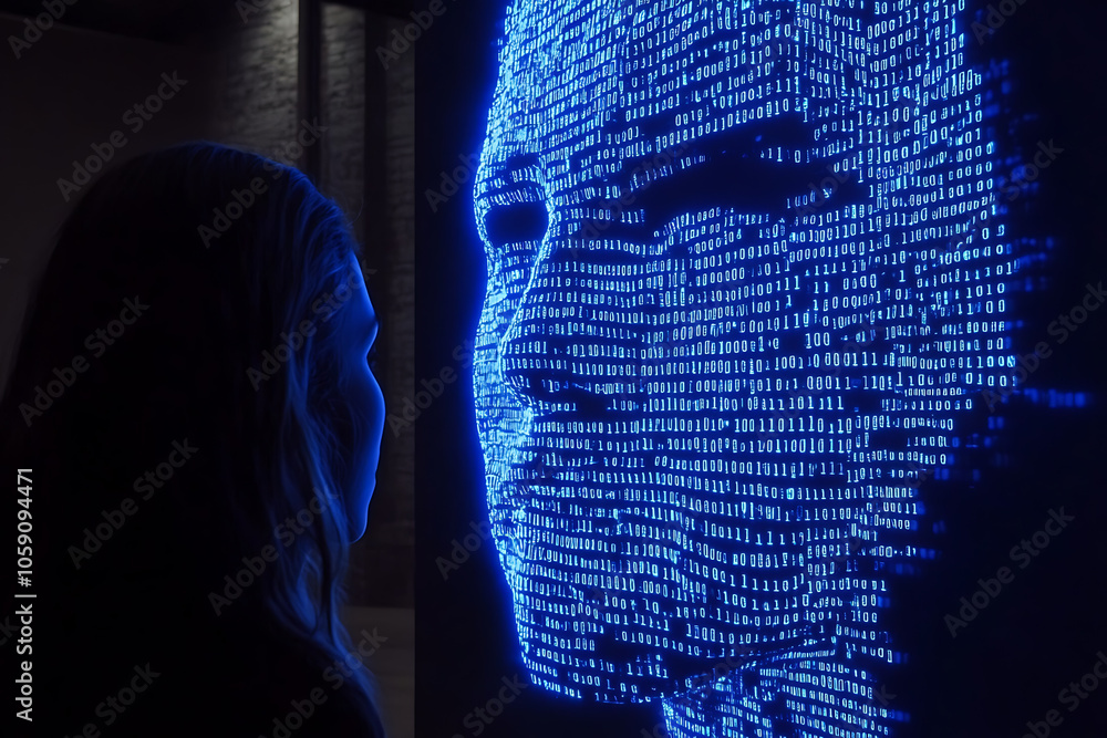 The image presents a striking frontal shot of a screen filled with neon ...