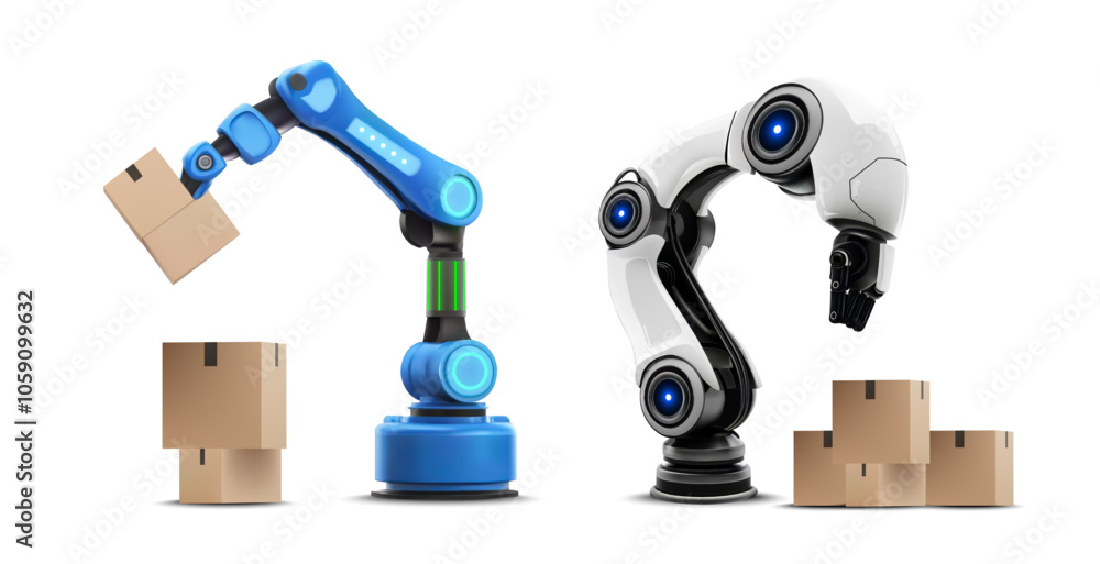 Vector illustration featuring two advanced robotic arms, one blue and ...