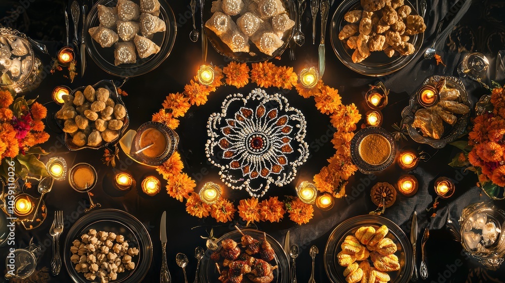 Diwali-themed table setup with traditional sweets, diyas, and a ...