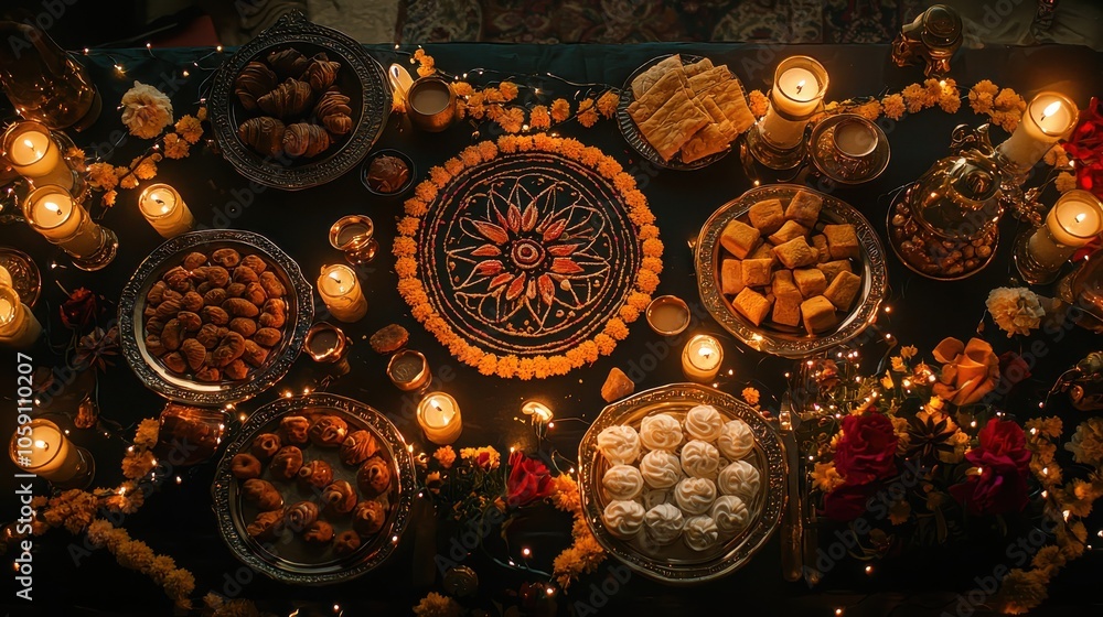 Diwali-themed table setup with traditional sweets, diyas, and a ...