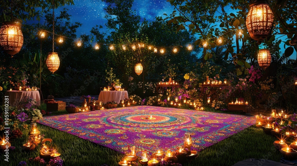 Outdoor Diwali setup with a large rangoli surrounded by lit diyas ...