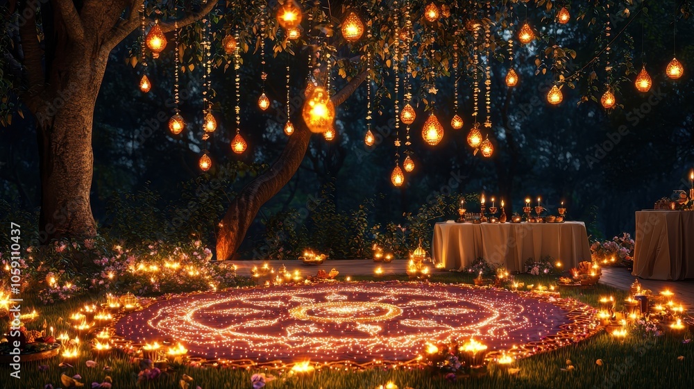 Outdoor Diwali setup with a large rangoli surrounded by lit diyas ...