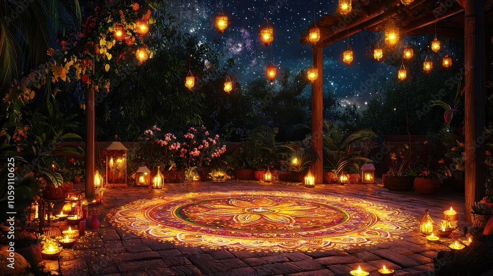 Outdoor Diwali setup with a large rangoli surrounded by lit diyas ...