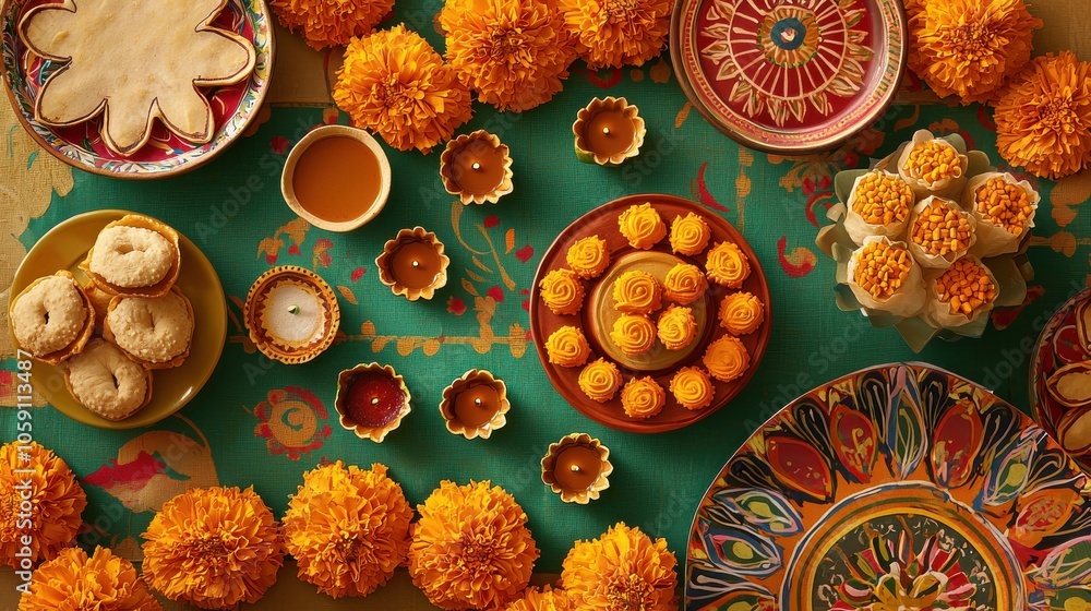 Diwali-themed table setup with traditional sweets, diyas, and a ...