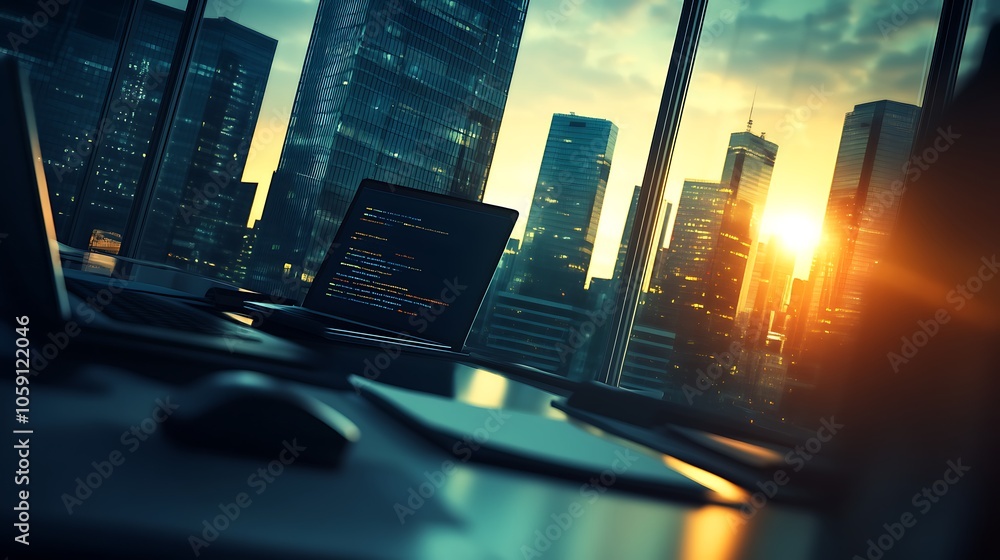 Laptop with code on a desk with a city view Simple Neutral Background ...