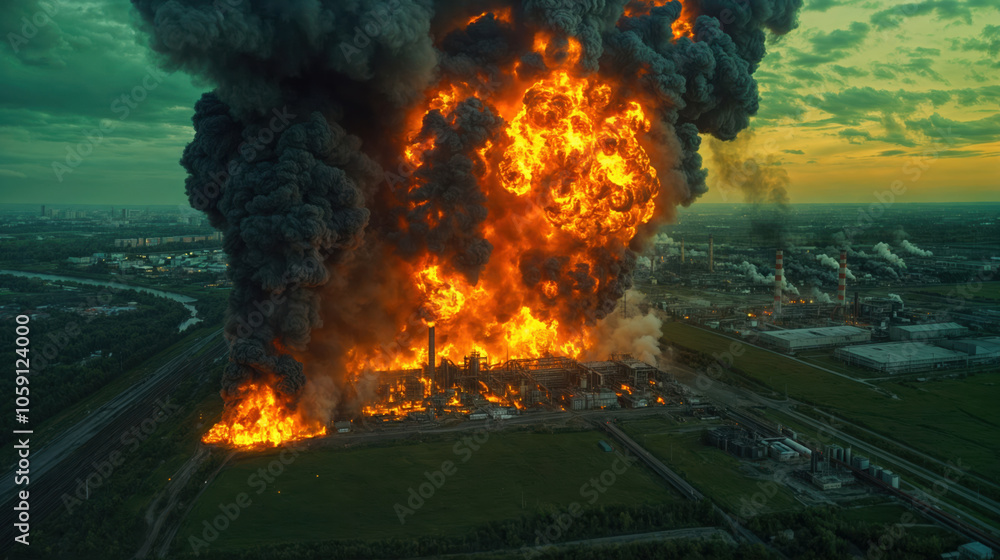 Industrial plant explosion causing massive fire and smoke pollution at ...