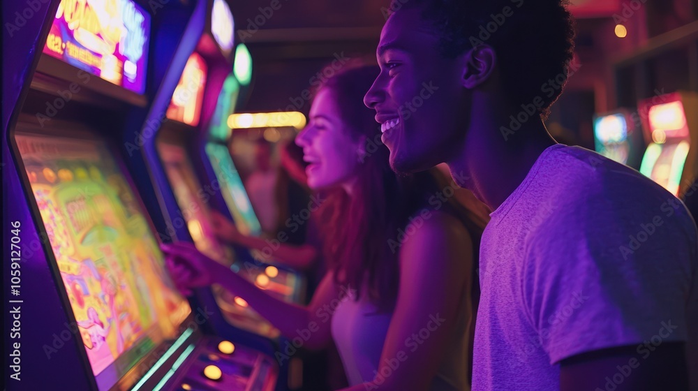 A group of friends gathered around an arcade machine, with colorful ...