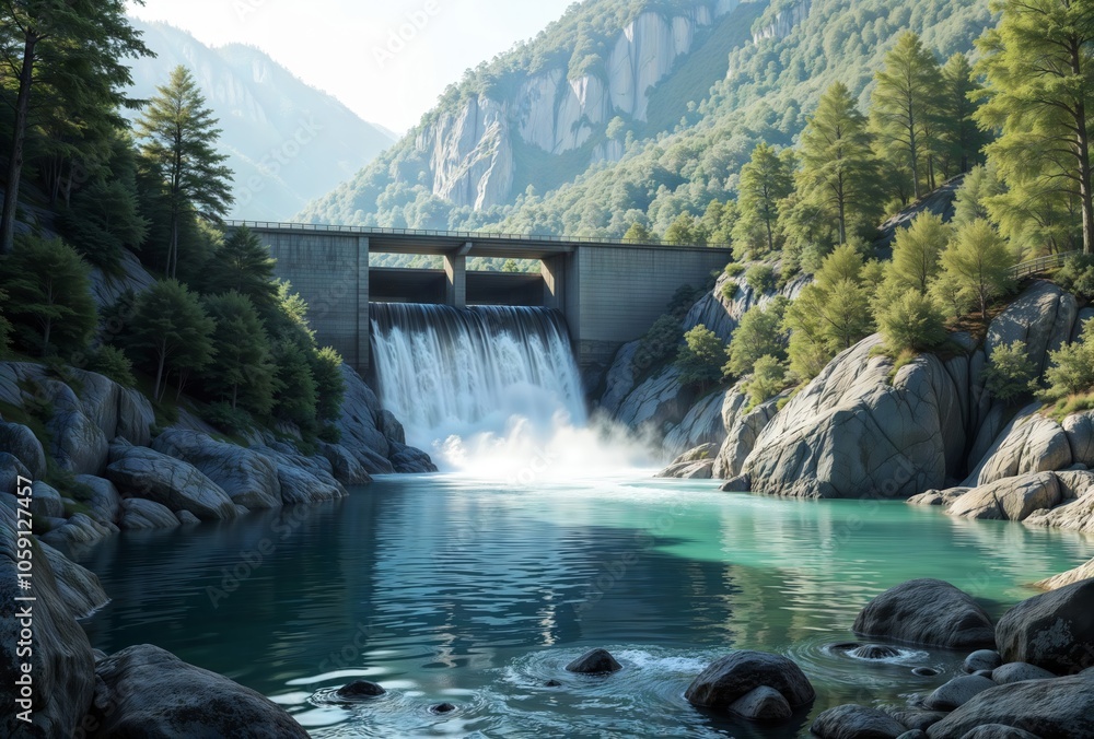 Forest dam waterfall. Dramatic dam spillway creates powerful waterfall ...