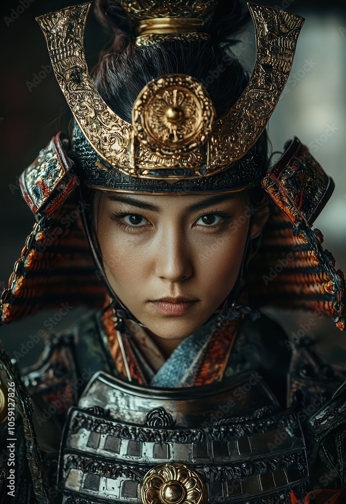 A historical portrait of a female samurai, dressed in ornate armor ...