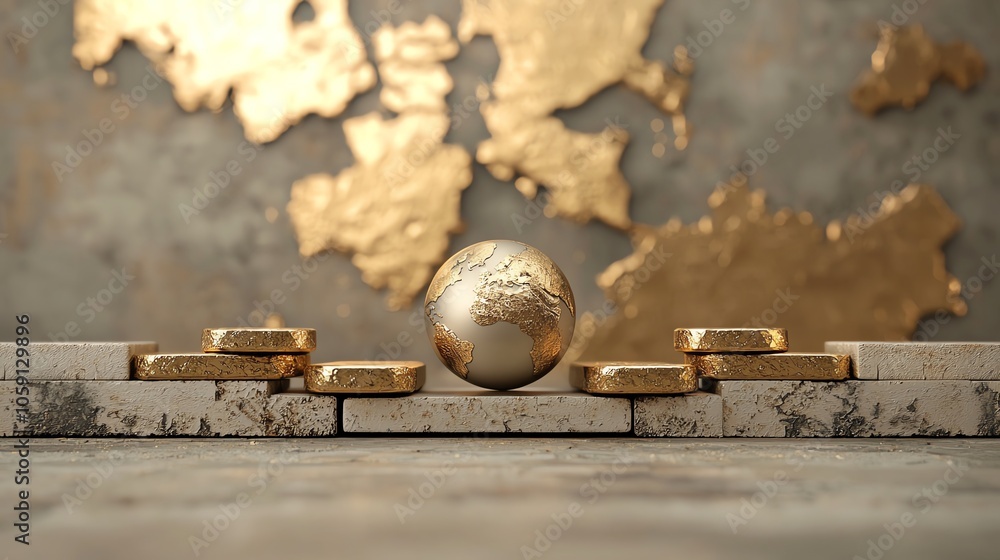 Abstract layout with multiple gold bars and faint globe overlay ...