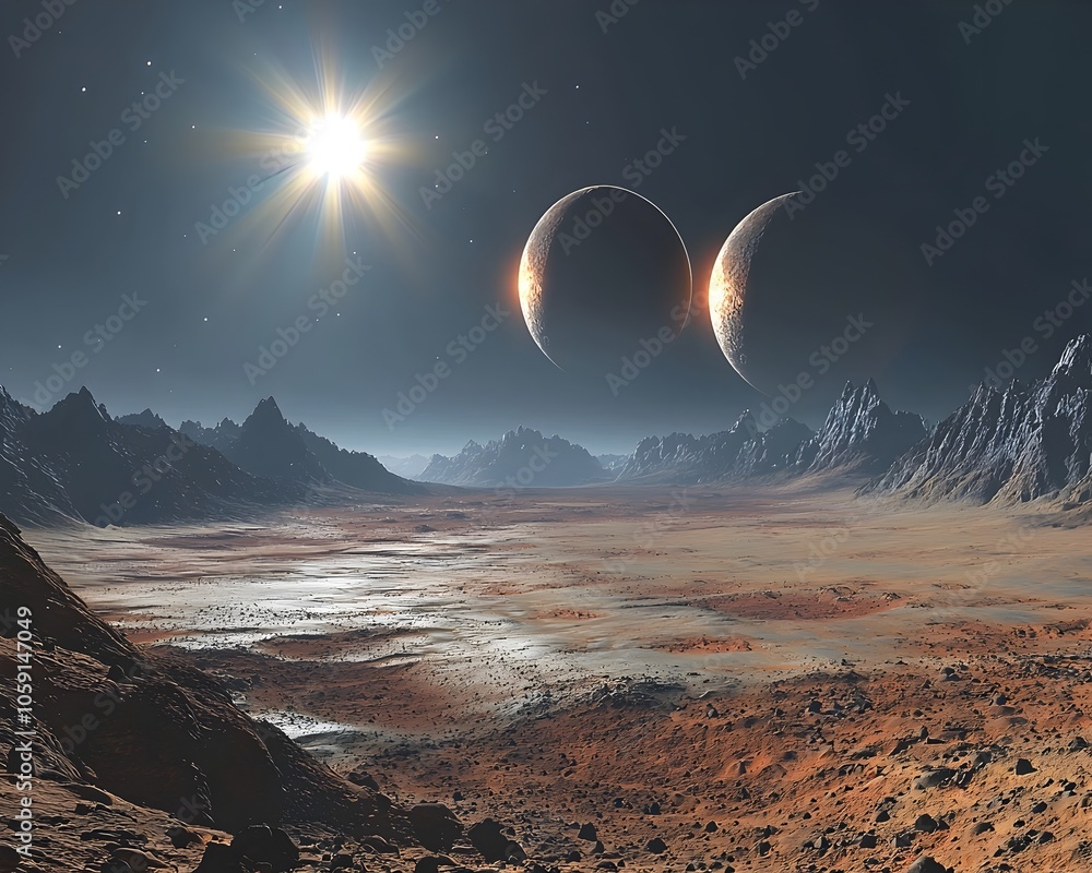 Alien Desert Planet Orbiting Binary Star System with Moons Reflecting ...