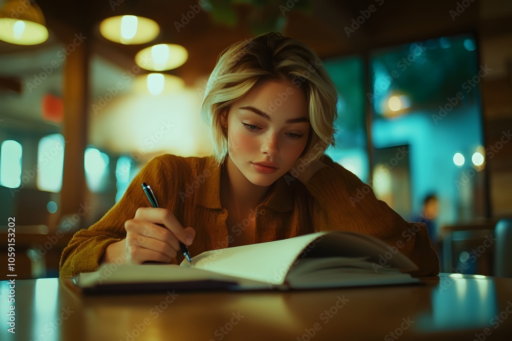 Candid photo of a woman writing in her journal at a cafe table, relaxed ...