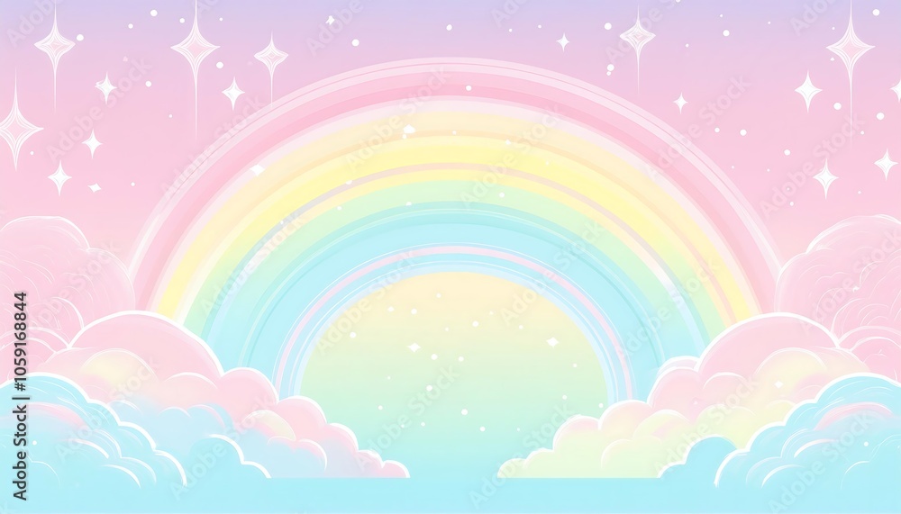 Holographic fantasy rainbow background with clouds and stars. Pastel ...