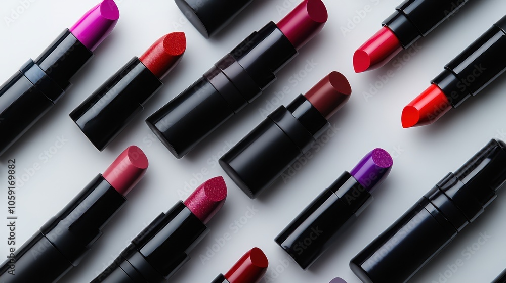 A flat lay of various lipsticks with eye-catching packaging, showcasing ...
