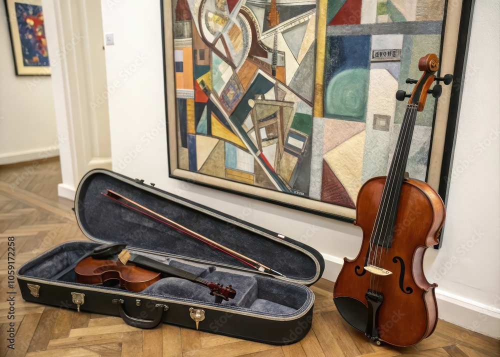 Artistic display in a gallery featuring an elegant violin resting ...