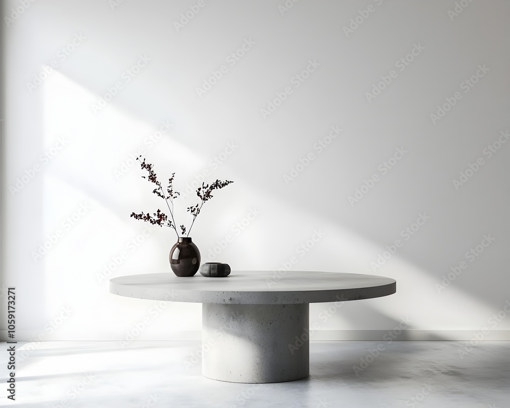 Minimalist Round Concrete Table in All White Architectural Space for ...