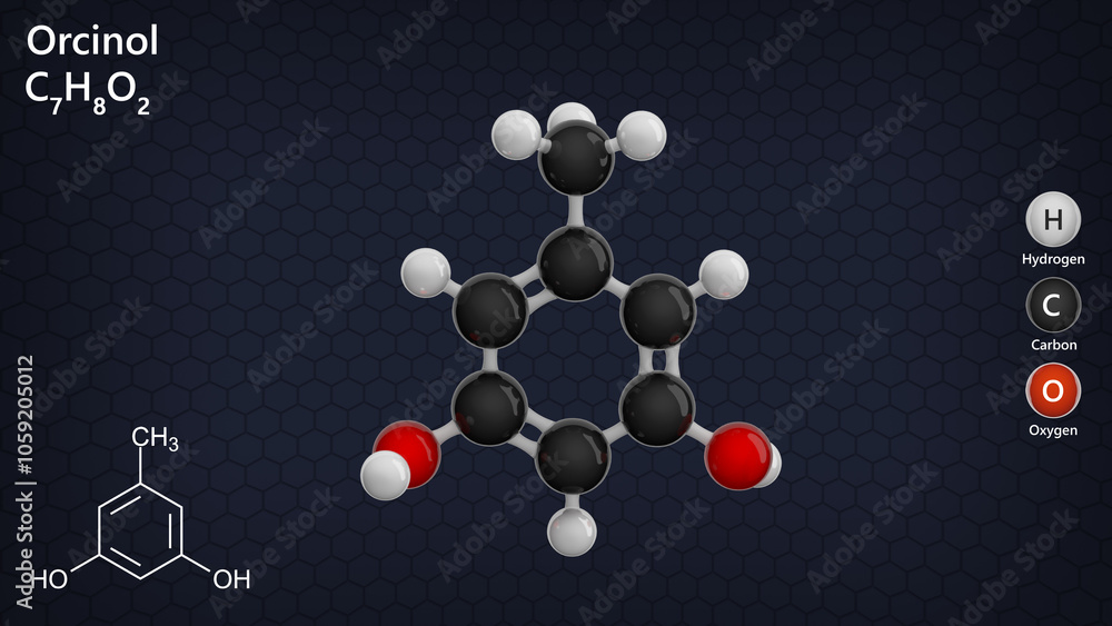 Molecule: Orcinol. Reagent. Molecular structure. Formula: C7H8O2 ...