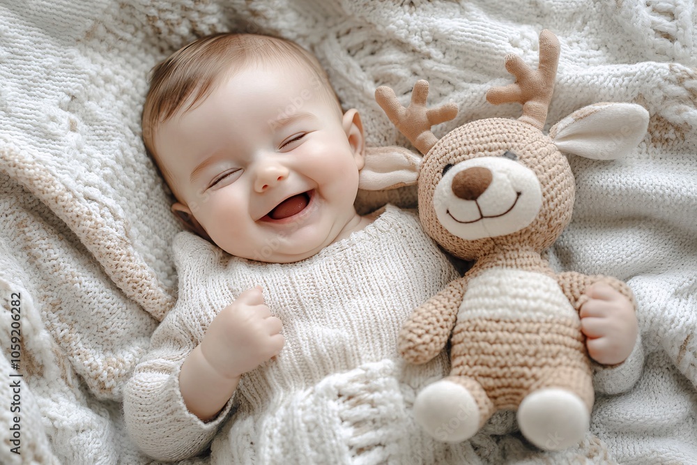 Baby with deer plush toy, lying on a blanket, natural light, laughing ...