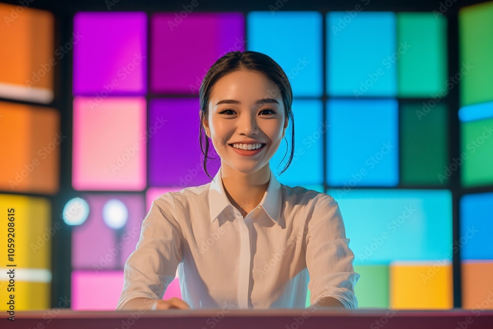 A smiling TV presenter on a game show set, colorful stage, studio ...
