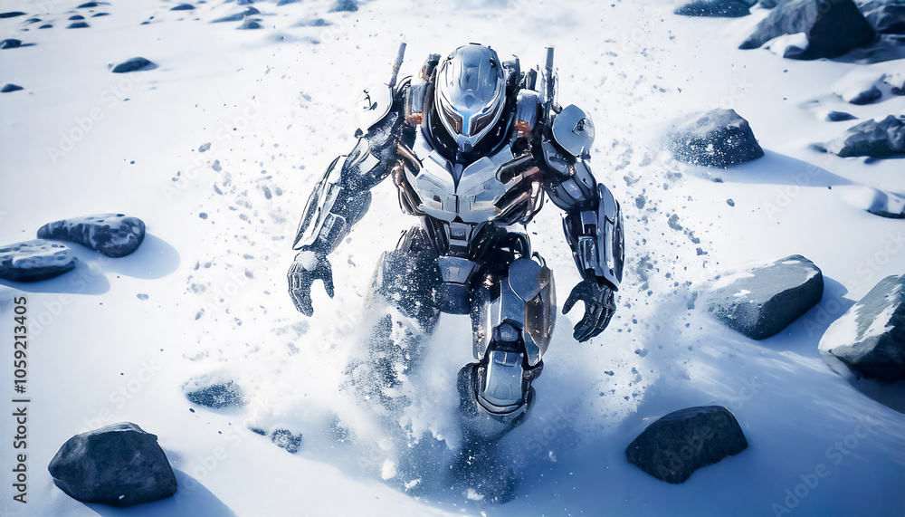 Astronaut, alien, robot in armored spacesuit in action on snowy planet ...