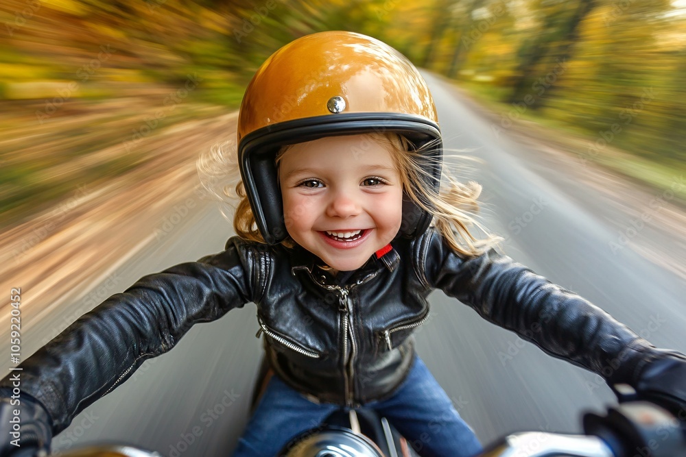 Child smiling while riding a motorcycle, wearing a leather jacket and ...