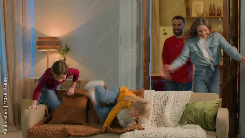 Happy family moving relocation funny kids siblings mother father ...