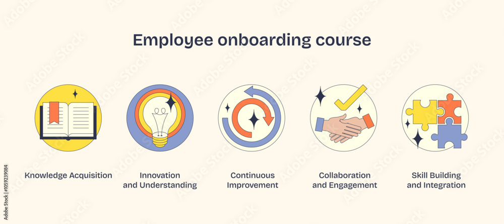 Employee onboarding course visual with book, lightbulb, and puzzle ...
