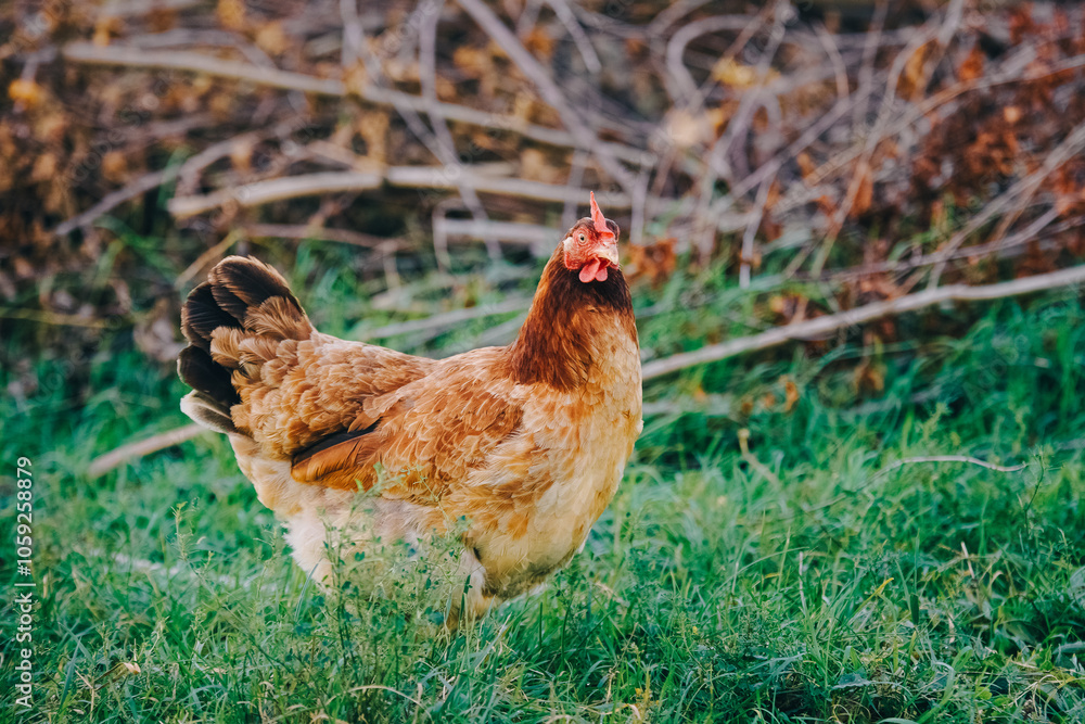 Growing chickens for natural meat and eggs. Adult brown hen in natural ...