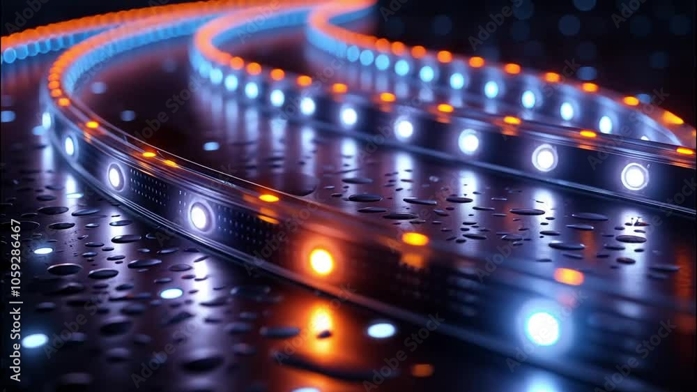 Close-up of LED light strips glowing in blue and orange tones on a wet ...