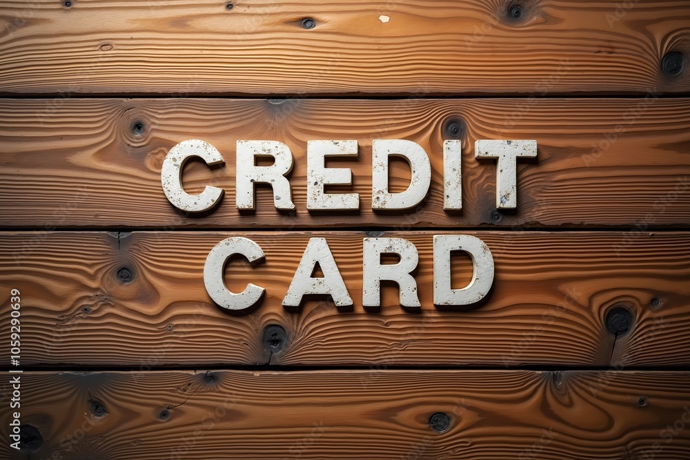 Credit card signage on wood surface indicating financial services and ...