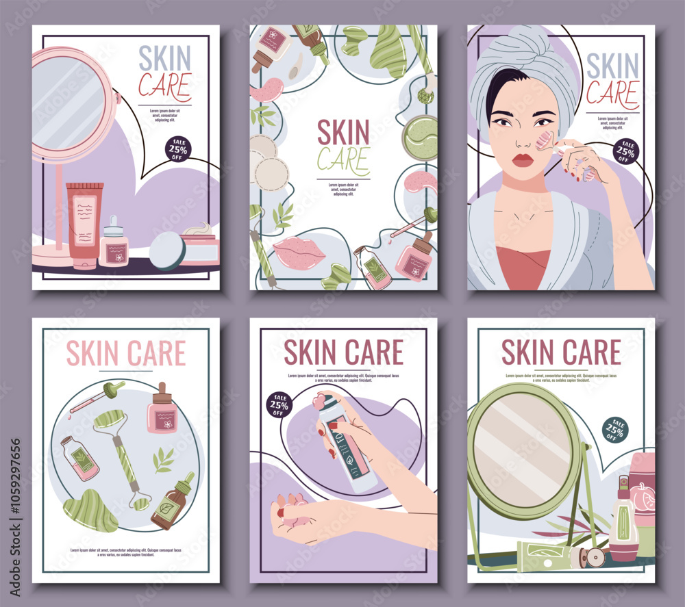 Skin care flyer design set. Poster with cosmetic products, face mask ...