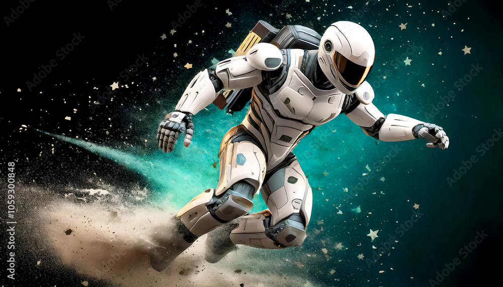 Abstract astronaut, alien, robot in armored spacesuit in action ...