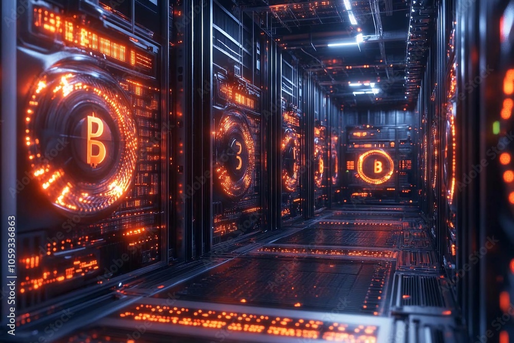 Illuminated corridors of a futuristic cryptocurrency mining facility at ...