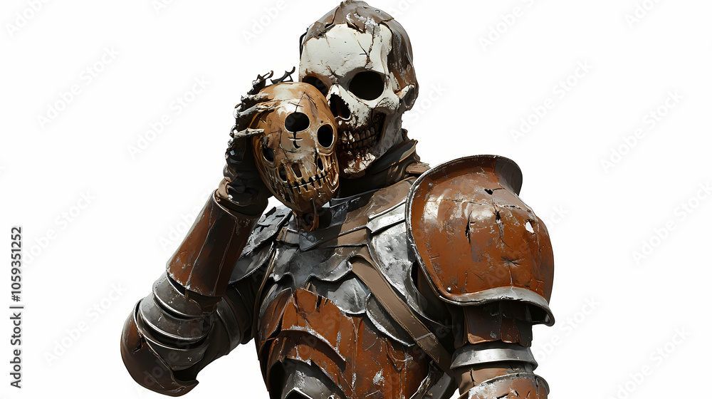 Rusted armor skeletal knight, eerie halloween mask in hand, dramatic ...