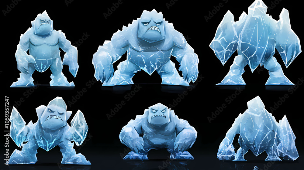 Various poses of ice golems isolated on black background. modern ...