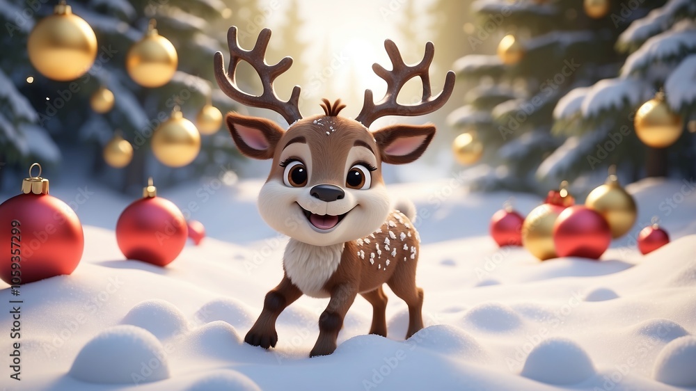 Reno de Navidad en el Bosque: Escena Invernal con bolas doradas y rojas ...