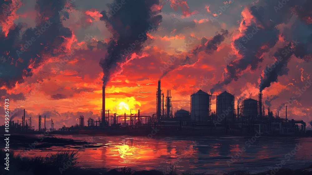 Stunning Coastal Refinery Sunset: Perfect Wall Art for Industrial-Style ...