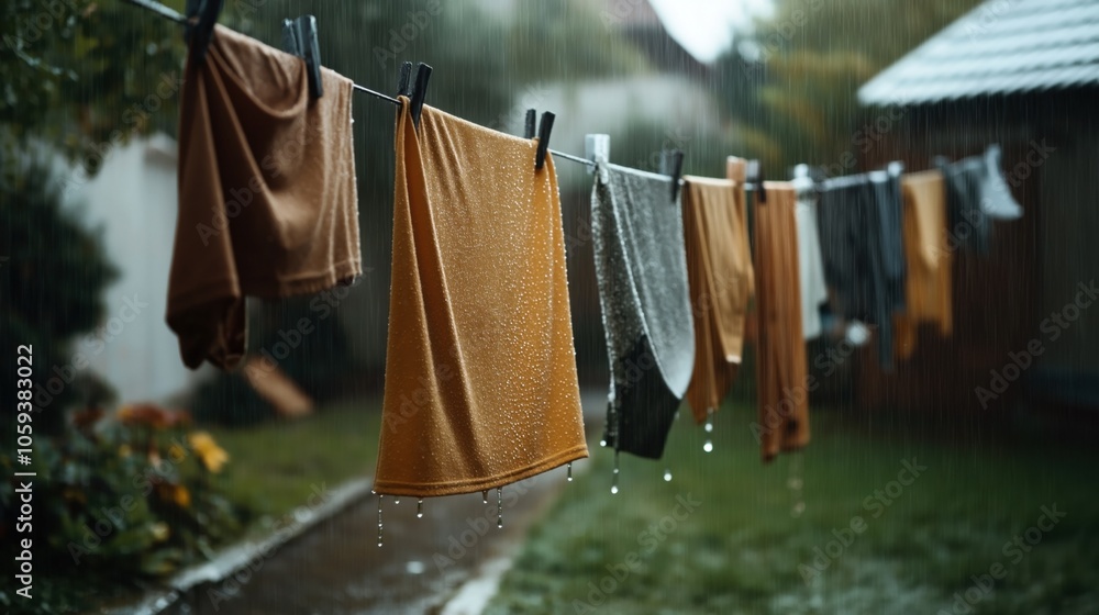 Clothes hanging on a clothesline in the rain, with visible raindrops ...