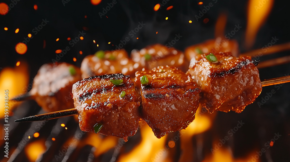 Sizzling Steak Skewers: A close-up shot of perfectly grilled steak ...
