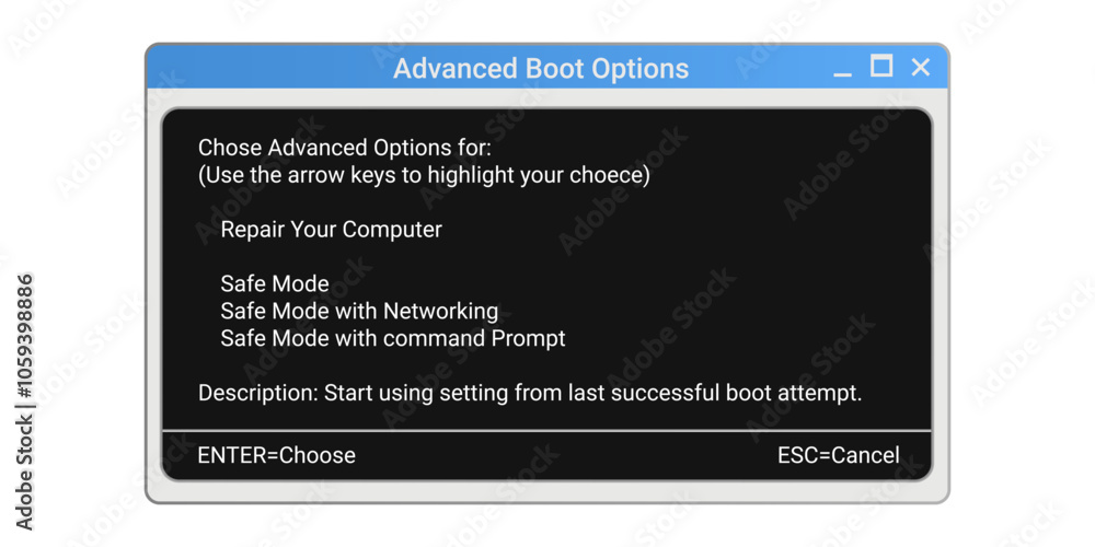 Boot menu options in safe mode. Repair system settings on computer ...