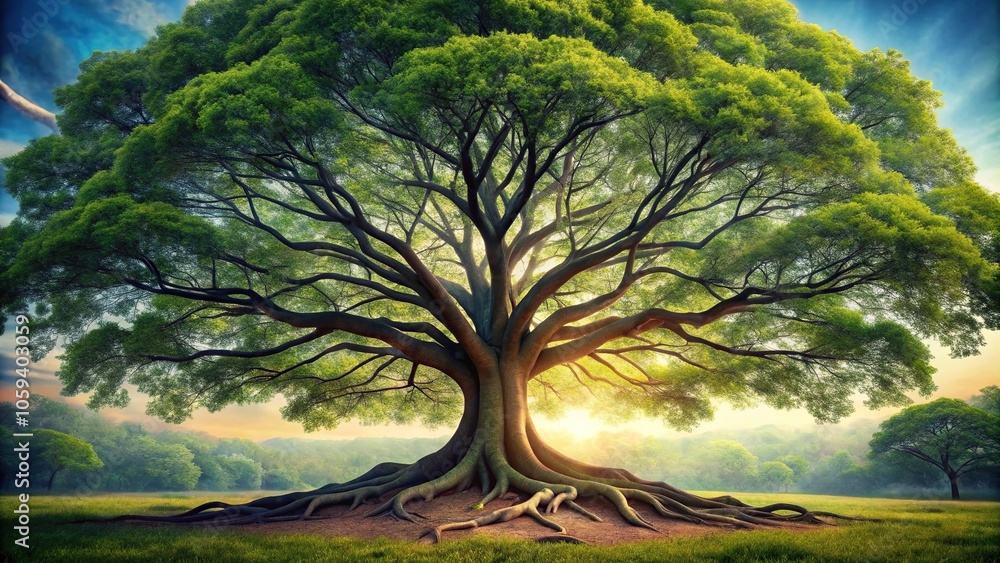 A majestic tree with sprawling branches and roots, symbolizing the ...