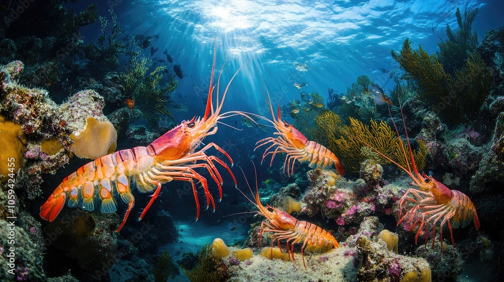 Small group of shrimp in a coral reef, highlighting their role in the ...