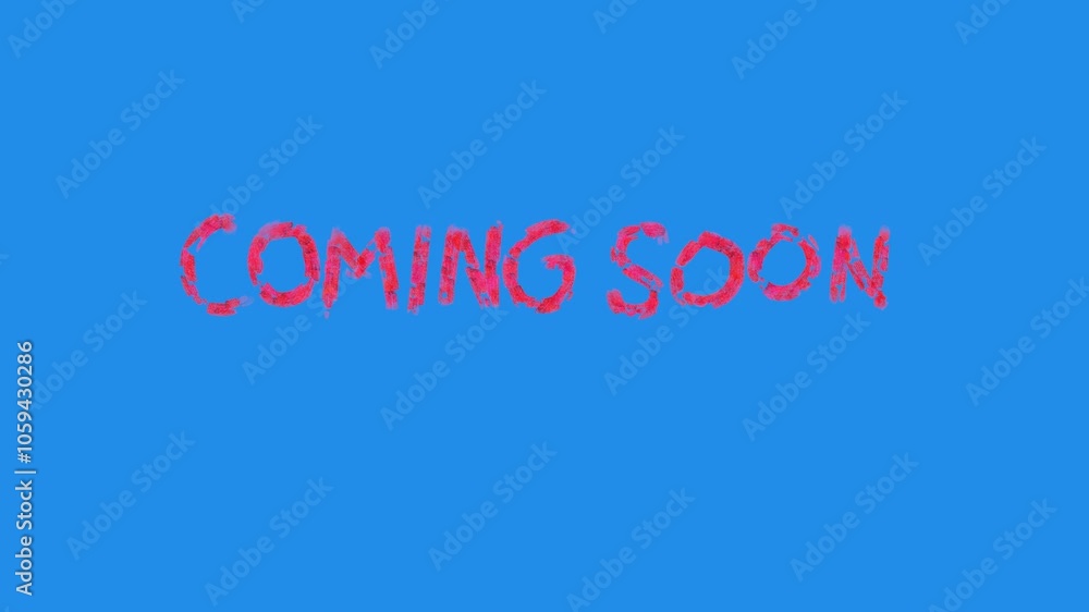 Coming soon red texture color with blue background, handwritten style ...