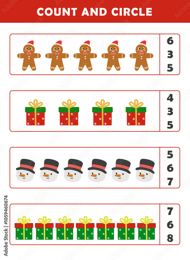 Christmas activity sheet. Count and circle the correct number. Counting ...
