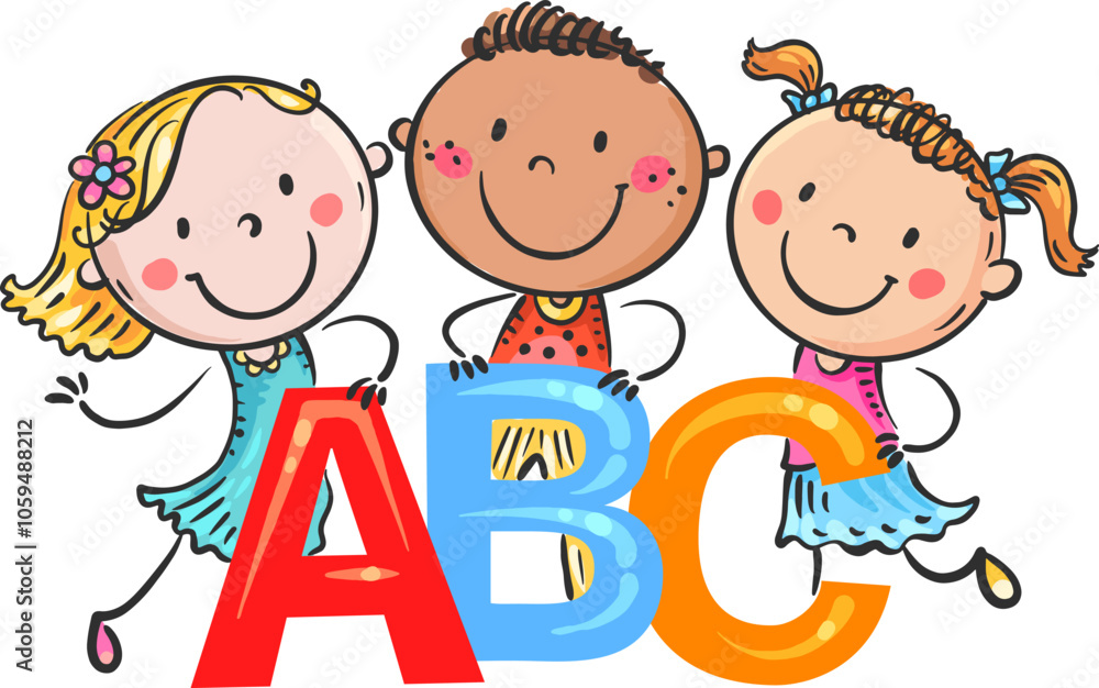 Cartoon doodle kids with ABC letters, happy children learn the alphabet ...