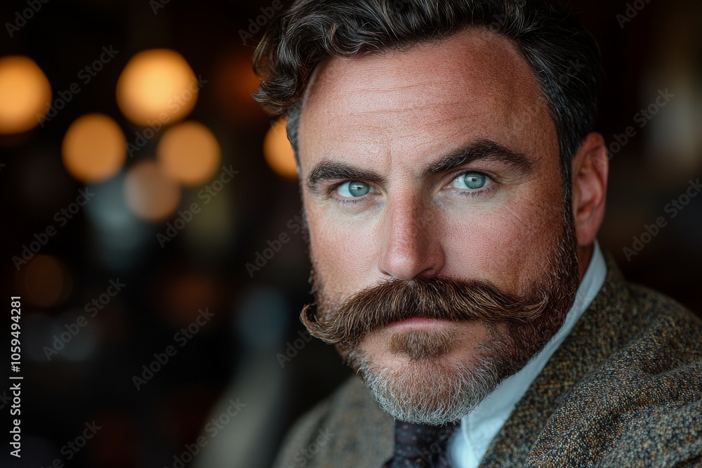 Handsome man with mustache and beard in vintage style portrait with ...