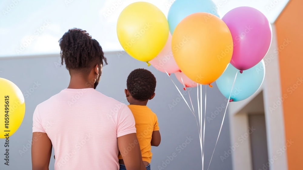 Joyful family gathered outside their new home, holding colorful ...