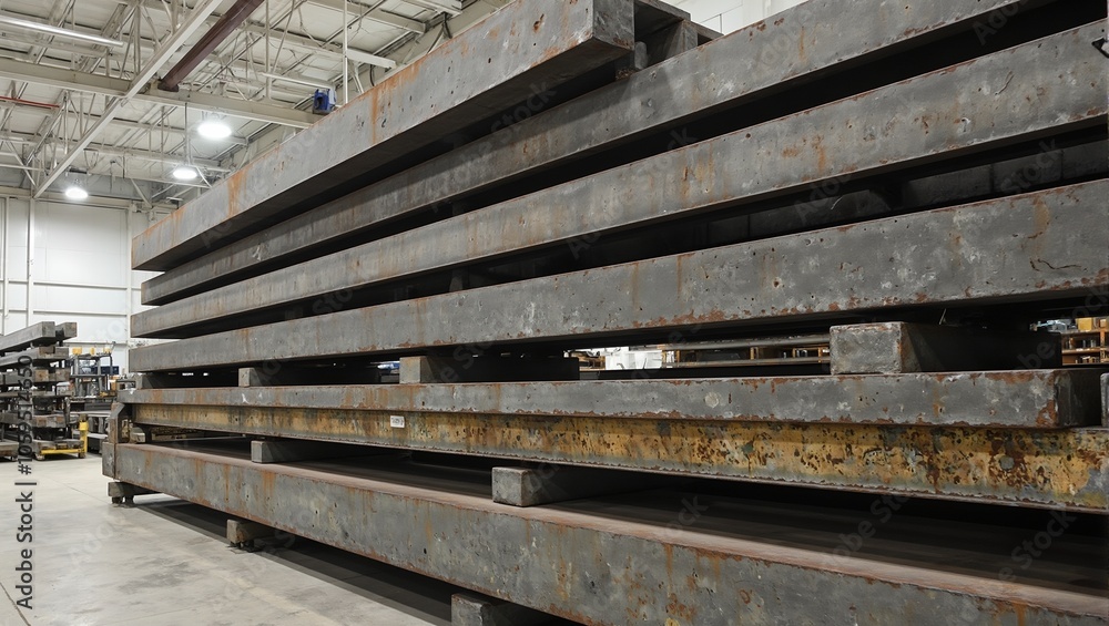 Industrial warehouse with stacked steel beams rough finish visible ...