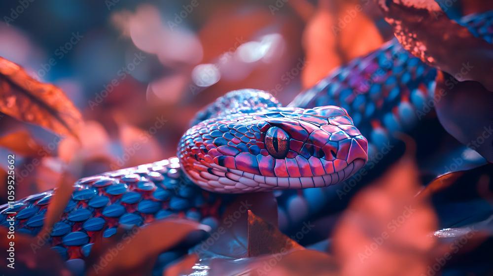una culebra colorida con colores vibrantes paseando sobre la selva ...